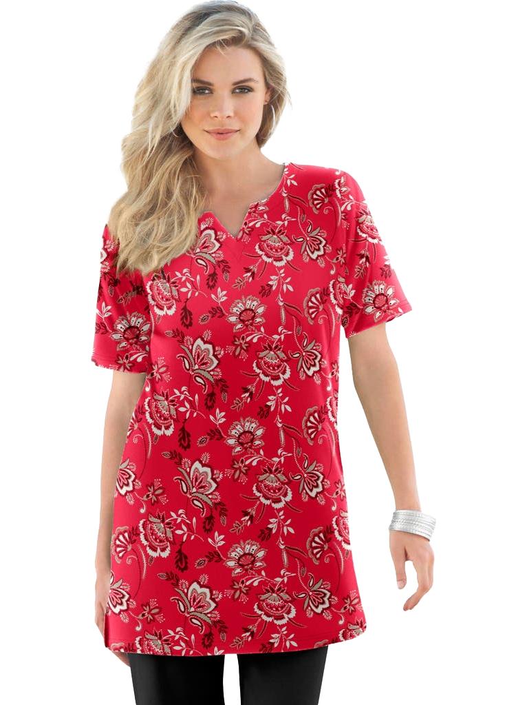 ROAMAN'S Roaman's Soft Knit Print Tunic with Notch Neckline